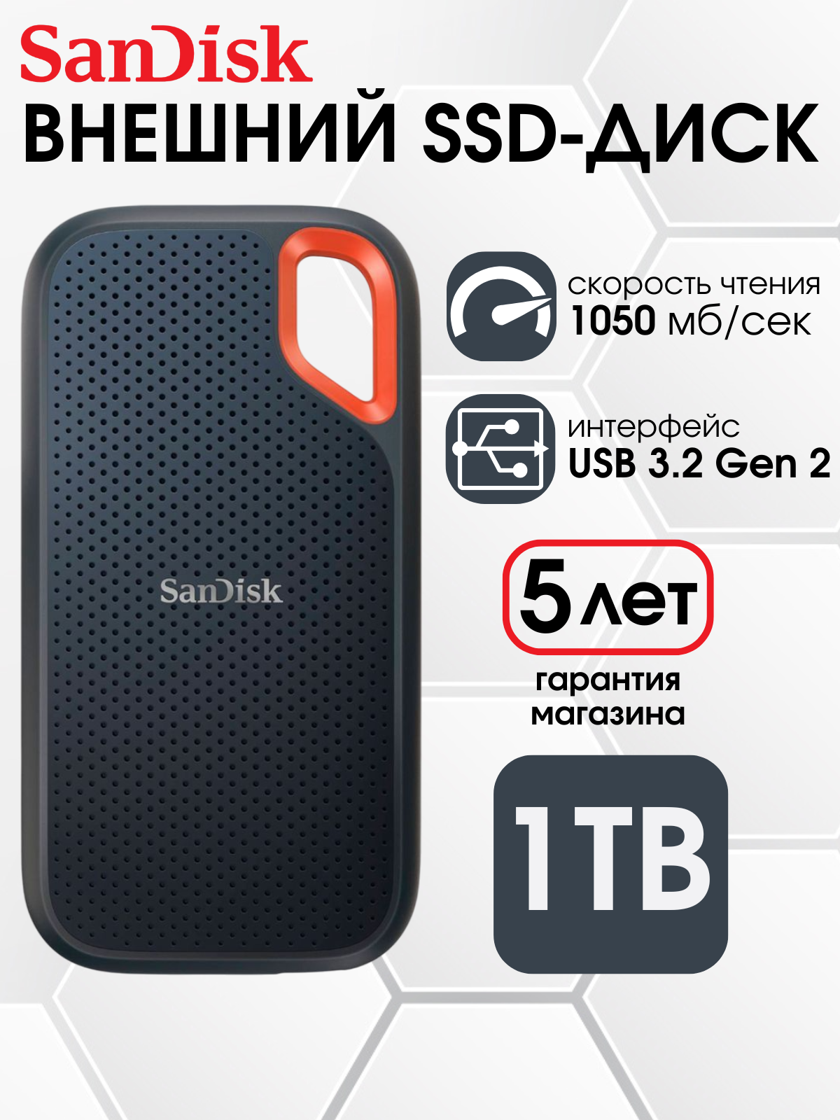 1 ТБ Внешний SSD SanDisk Extreme 1050 МБ/сек USB 3.2 Gen 2 (SDSSDE61-1T00-G25)