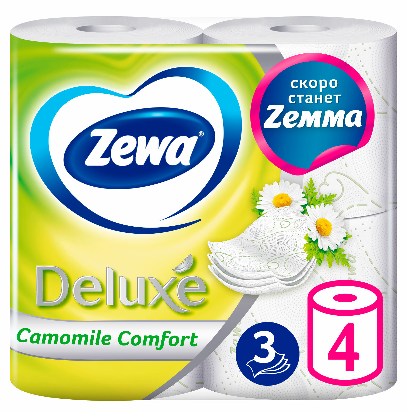 Туалетная бумага Zewa Deluxe Ромашка, 3 слоя, 4 рулона