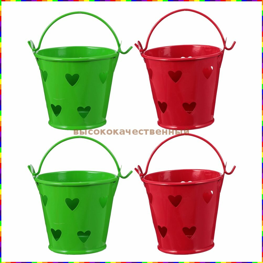 Набор из 4 маленьких жестяных ведёрок в форме сердца, красного цвета, для декора