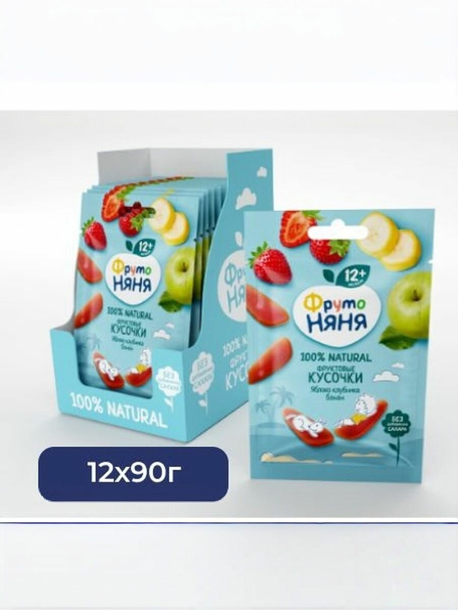 Пюре фруктовое ФрутоНяня с 7 месяцев, яблоко, банан и клубника, 90г. Упаковка 12 шт.