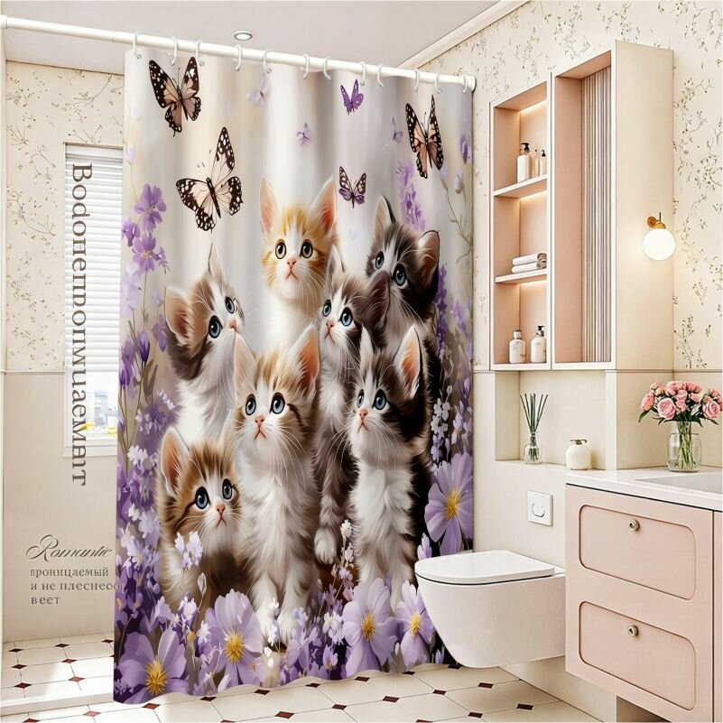 Шторка для ванной из водонепроницаемого полиэстера котята и бабочки, 160 г/м , крючки C-образные в подарок