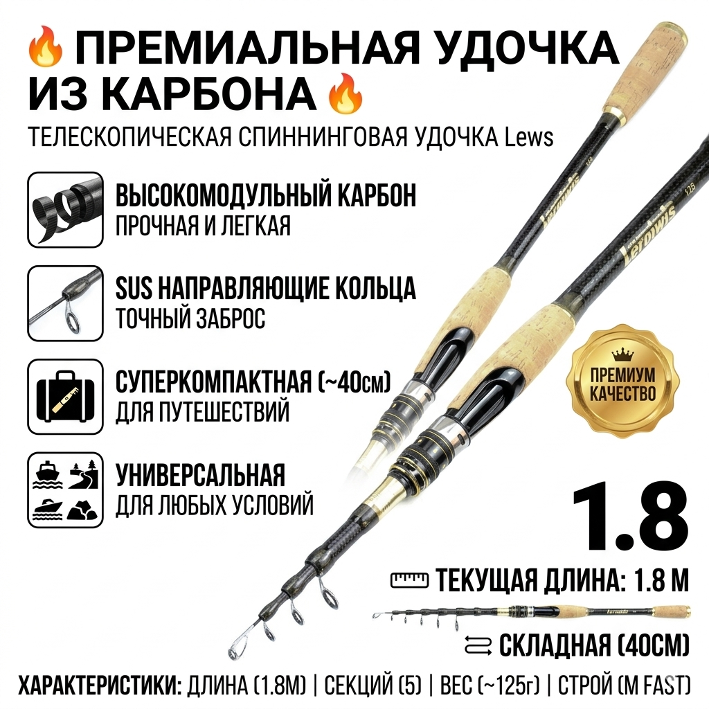 Спиннинг телескопический карбоновый 1.65-2.7м 24T 6 слоев, EVA ручка, керамические кольца, для моря и реки, ультралайт