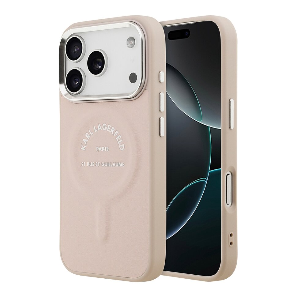 Karl Lagerfeld чехол с MagSafe для iPhone 17 Pro, из гладкой кожи PU с RSG лого, с защитой камеры, розовый