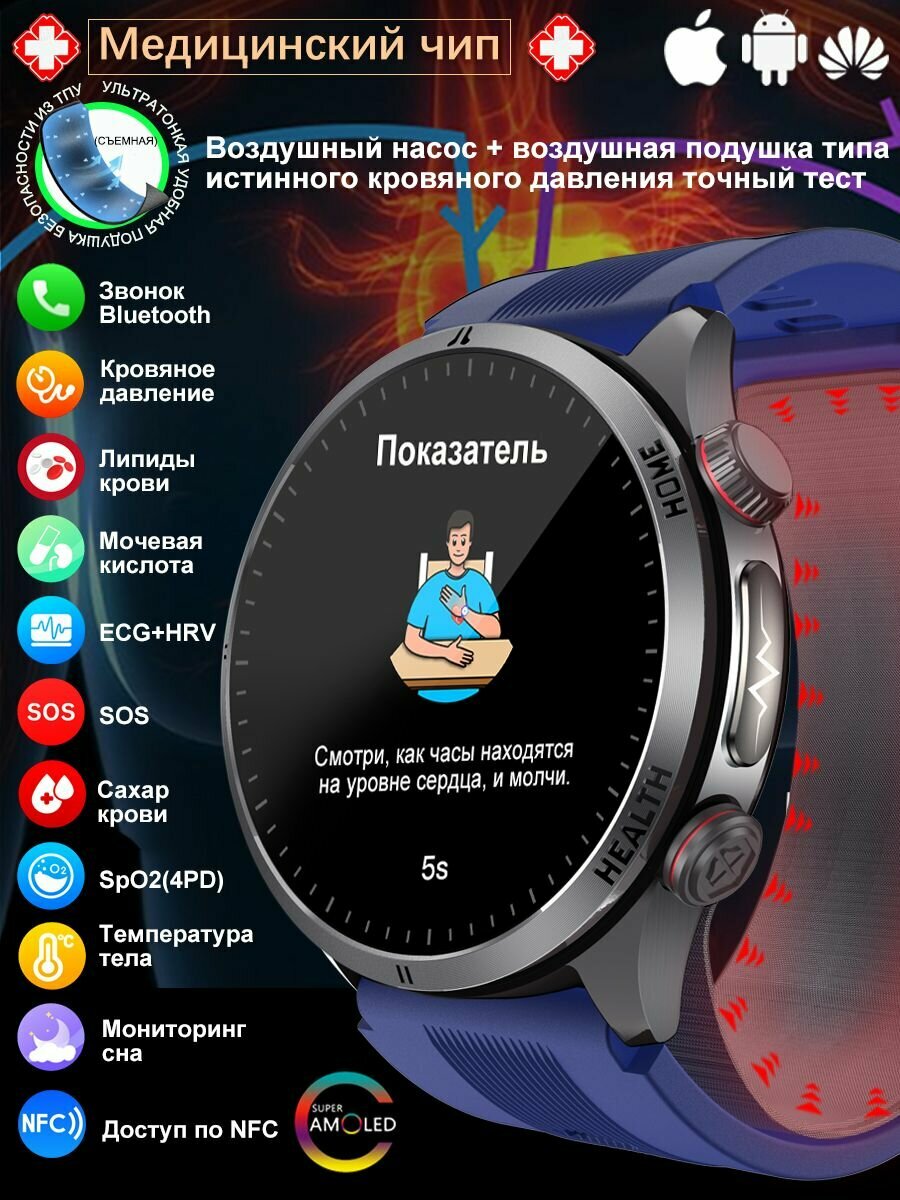 Умные часы 2026 года, оснащенные функциями точного измерения артериального давления, уровня сахара в крови, электрокардиограммы (ЭКГ) + мочевой кислоты + холестерина.