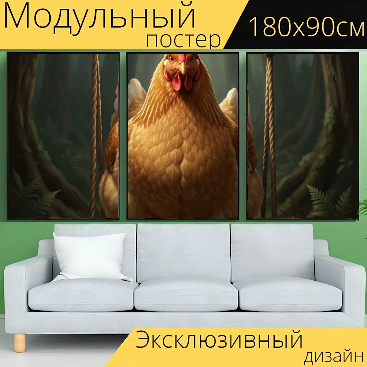 Модульный постер "Пухлая курица на качелях. Упитанная домашняя птица на веревочной сидушке в таинственном лесу, мягкая цифровая." 180 x 90 см. для интерьера на стену в тубусе