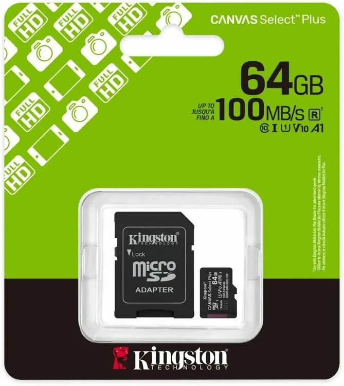 Флеш карта microSDHC 64Gb Class10 Kingston SDCS3/64GB Canvas Select Plus (с адаптером)