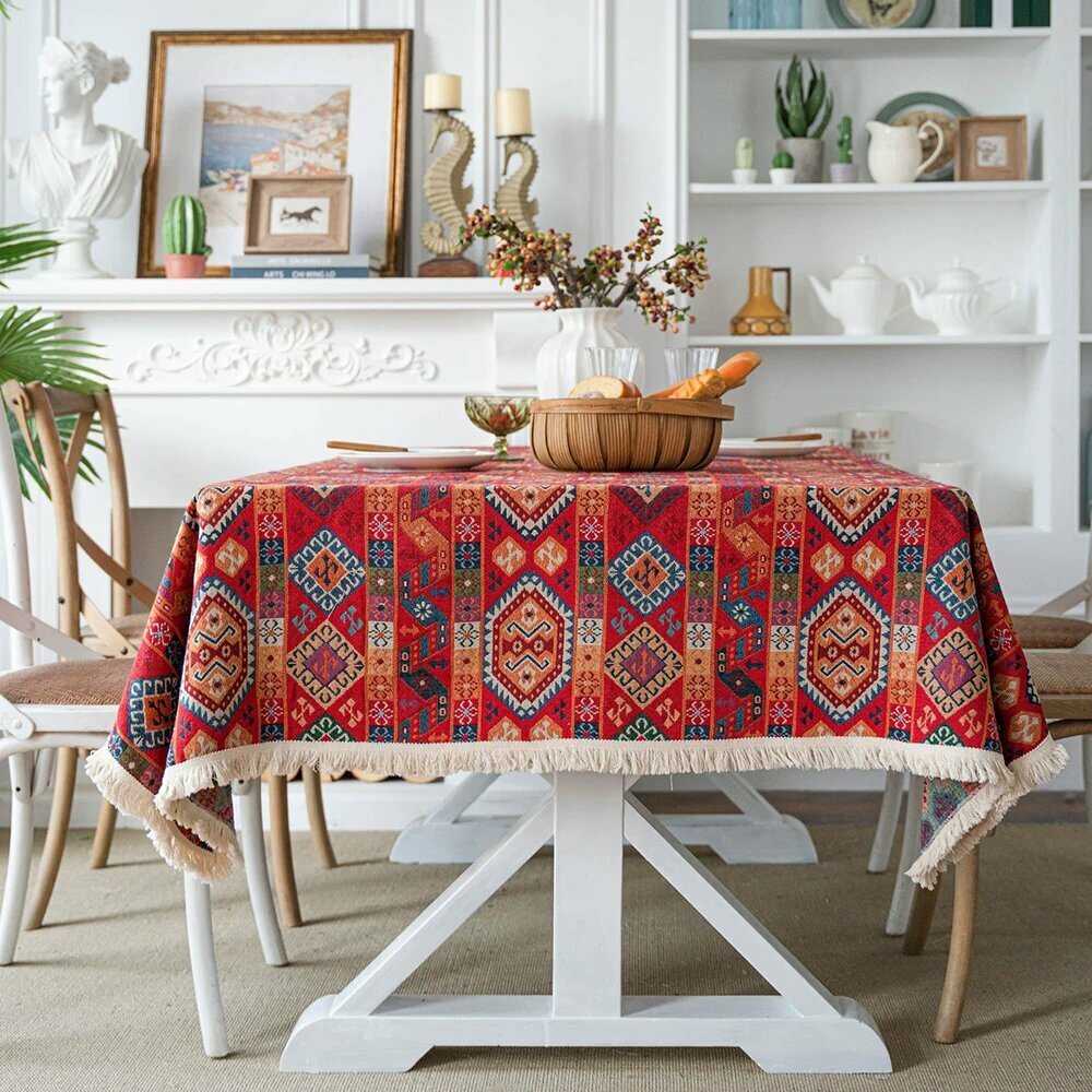 Красная геометрическая скатерть с белым кружевом, 140x220см для обеденных столов 150-160см