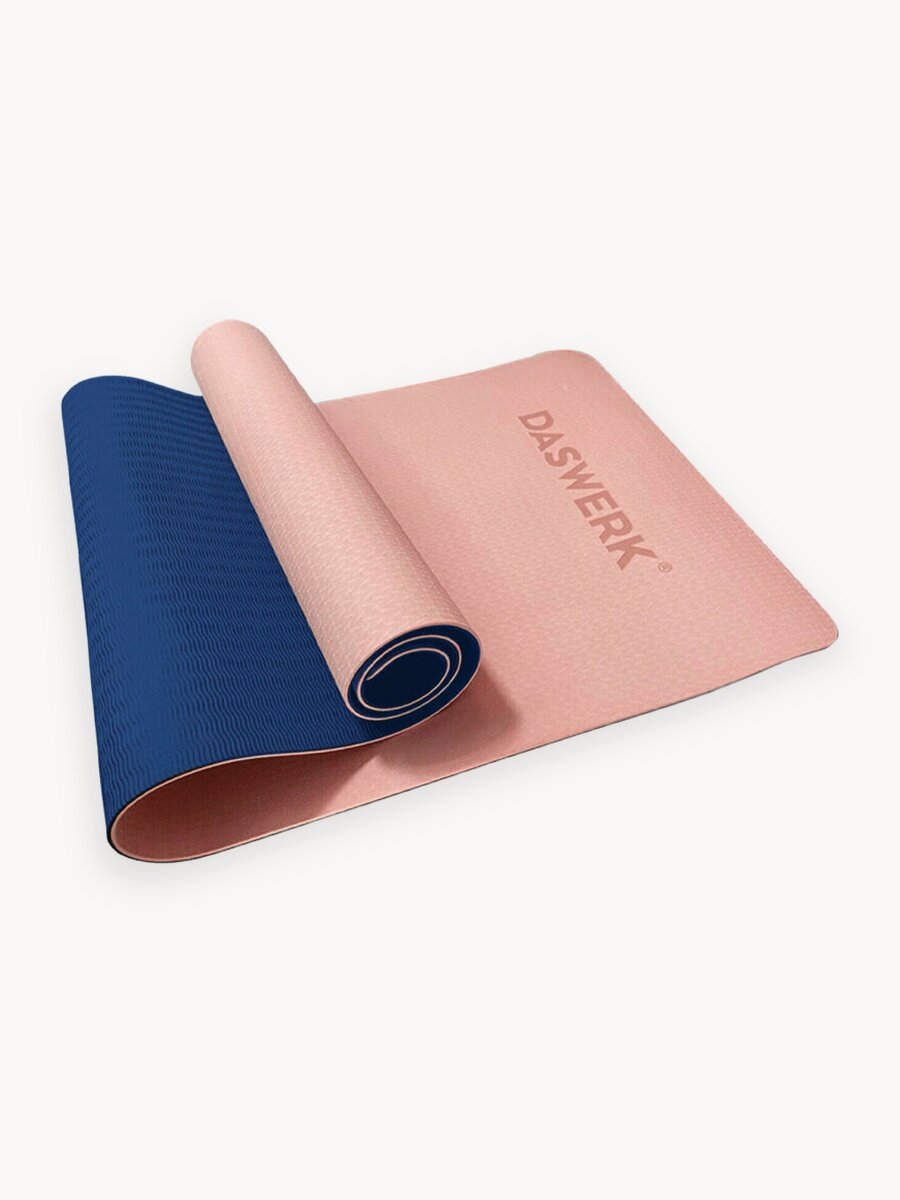 Коврик для йоги и фитнеса нескользящий двухсторонний спортивный ТПЭ, ковер для тренировок, с чехлом, 183x61x0,6 см, розовый/синий, Daswerk, 680032
