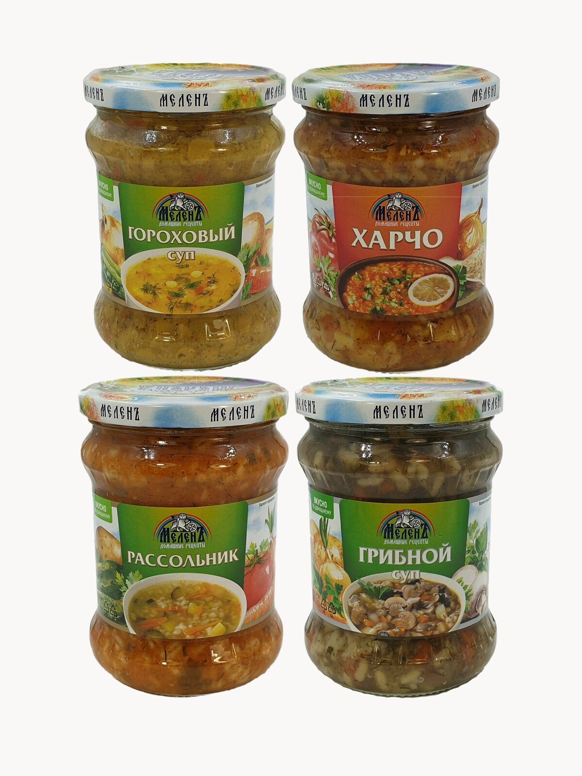 Набор супов №2 "Меленъ" (Рассольник, Харчо, Гороховый суп, Грибной суп), 4 баночки по 460гр