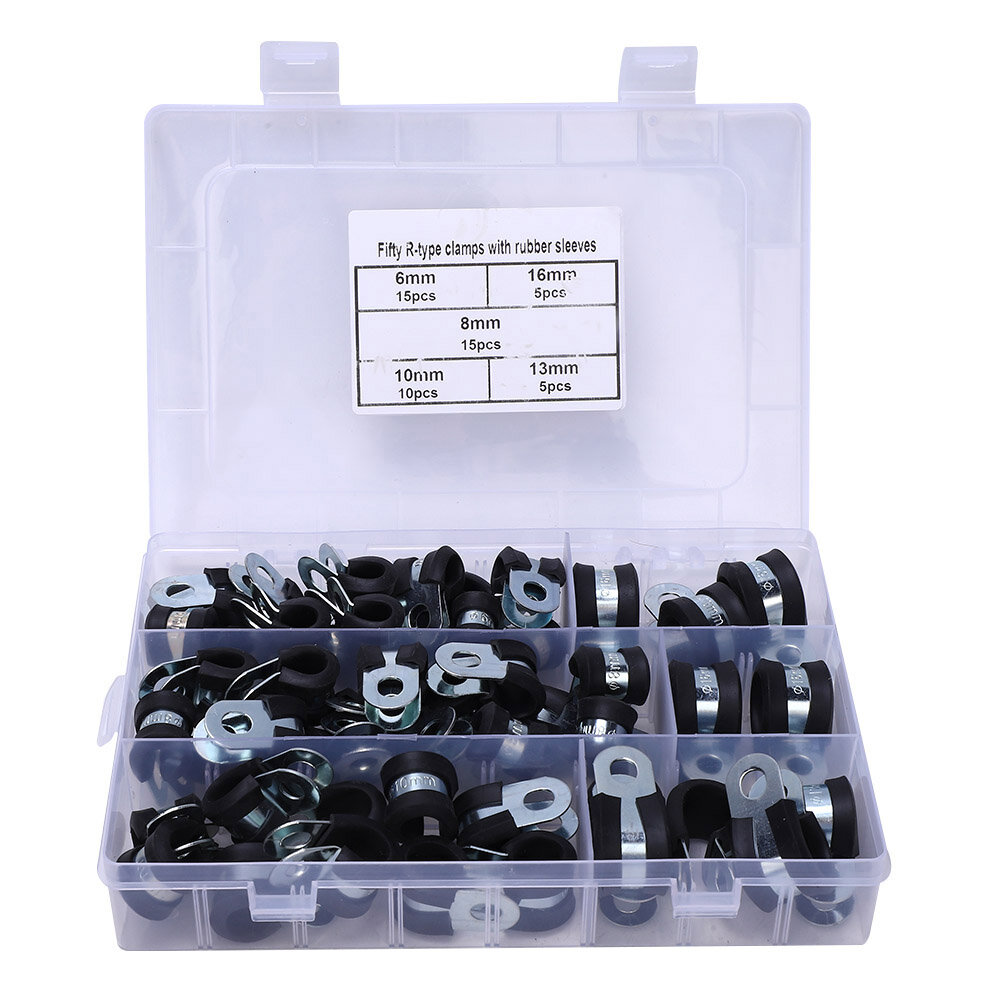 50 шт. хомутов типа R с резиновой прокладкой для шлангов, зажимов для электрических проводов и кабелей 6-16 мм