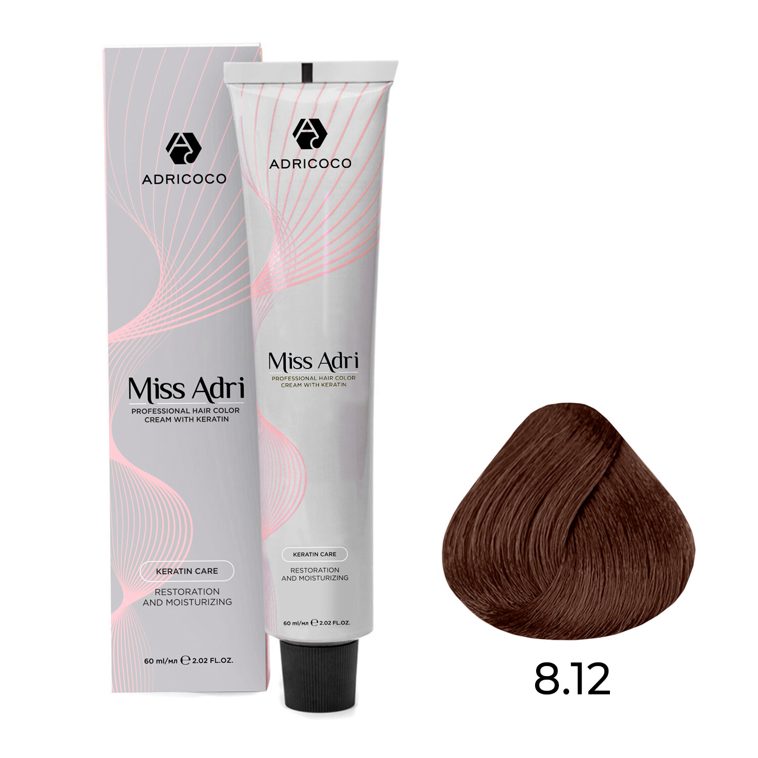 Крем-краска для волос Miss Adri с кератином, оттенок 8.12 Светлый блонд пепельный перламутровый, ADRICOCO, 60 мл