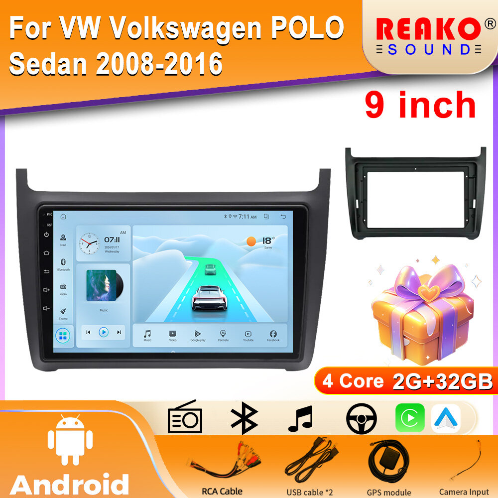 Магнитола для VW Volkswagen POLO Sedan 2008-2016 , 4 ядерный процессор 2/32Гб ANDROID 10, QLED экран 9 дюймов, Wifi