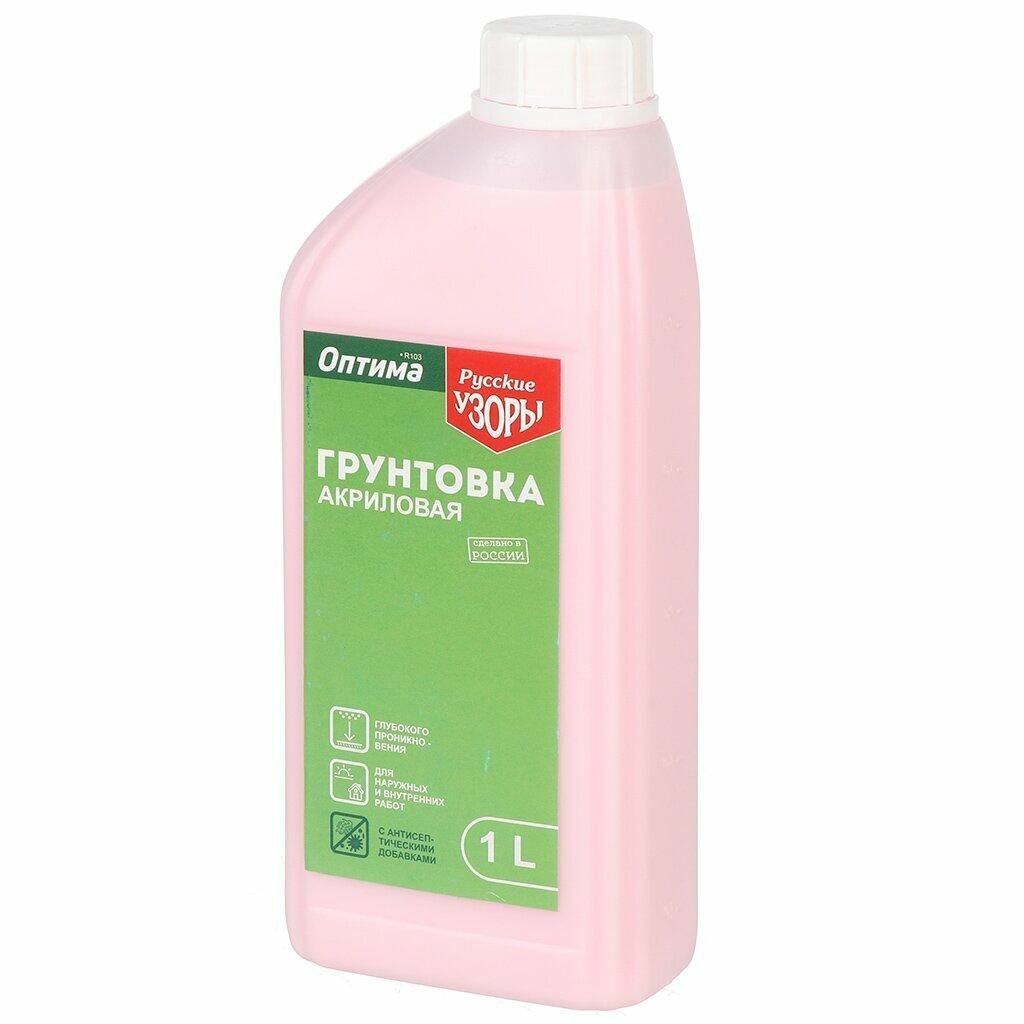 Грунтовка Русские узоры "Оптима R103", водно-дисперсионная, акрил, глубокого проникновения, для внутренних и наружных работ, 1 л