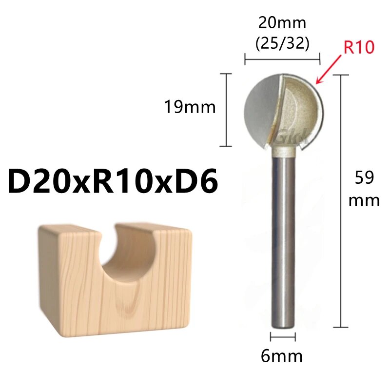 Шарик, круглая резьба по дереву, шаровая фреза, деревообрабатывающая фреза с ЧПУ, 3 мм, 6 мм, хвостовик, леденец, фреза по дереву R2-R11 D20xR10xD6