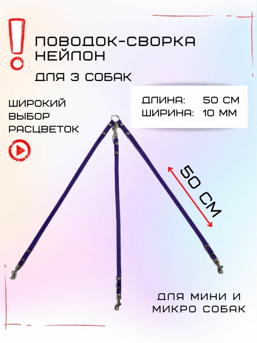 Сворка Хвостатыч для трёх собак маленьких пород нейлон 50 см х 10 мм (фиолетовый)