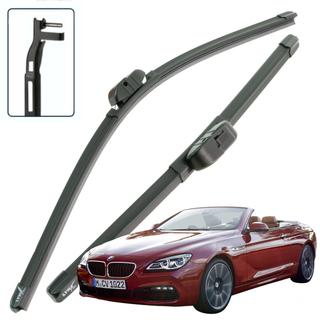 Дворники BMW 6-Series F12 / БМВ 6 серии Ф12 открытый кузов рест. 2015 / 2016 / 2017 / 2018 Щетки стеклоочистителя бескаркасные автомобильные LYNXauto к-т 2шт, 650мм-430мм