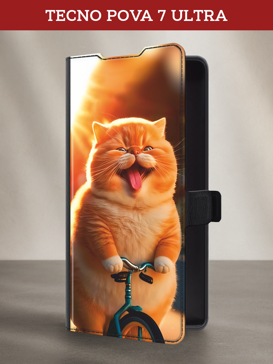Чехол-книжка на Tecno Pova 7 Ultra / Текно Пова 7 Ультра с принтом Кот на велике, черный