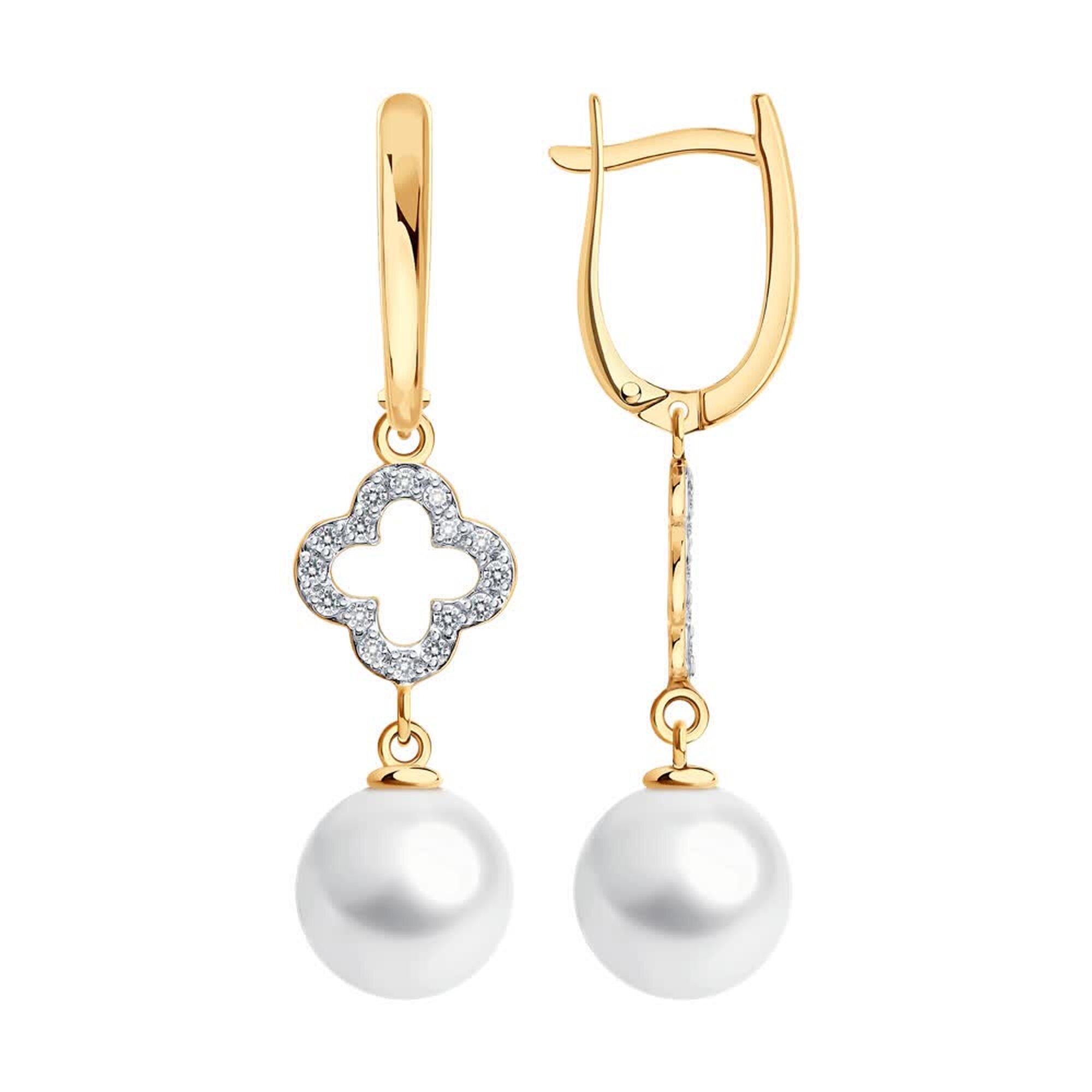 Серьги, красное золото, 585 проба, жемчуг, фианит