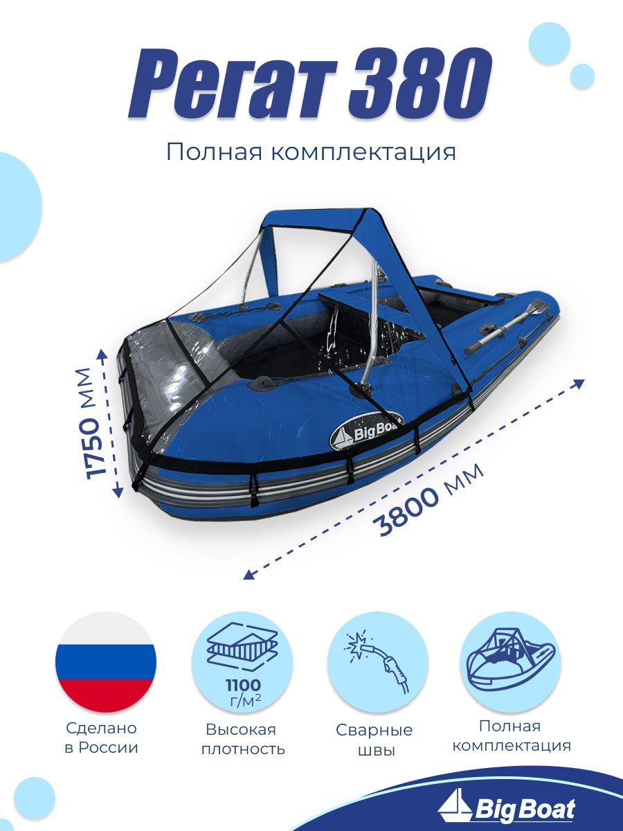 Надувная, под мотор, лодка в полной комплектации (носовой тент, Эва коврик, мягкие накладки) из ПВХ Регат 380 НДНД