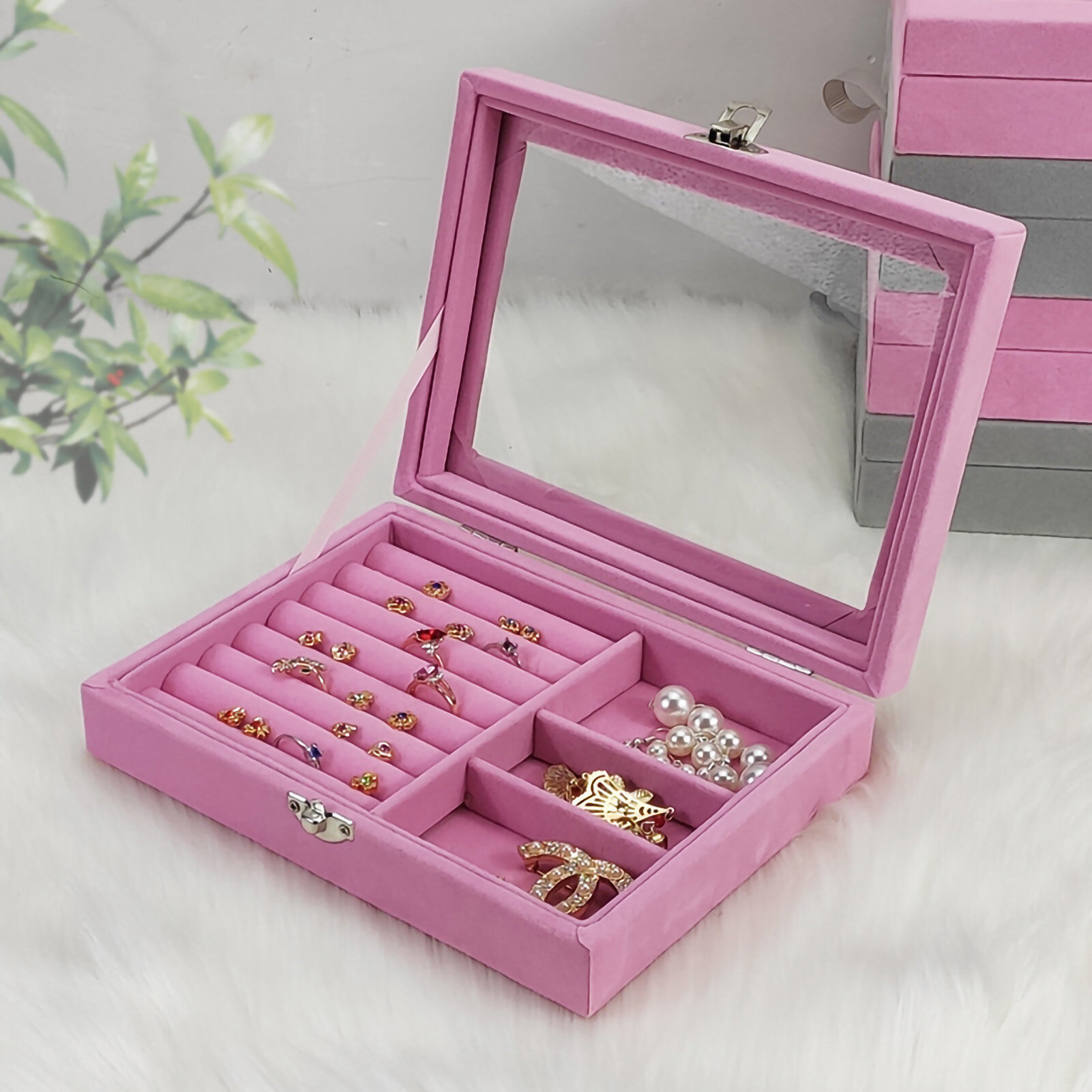 Фланелевая ювелирная коробка для хранения ювелирных изделий с защитным замком для серьги для ожерелья браслеты кольца розовые 3 сетки