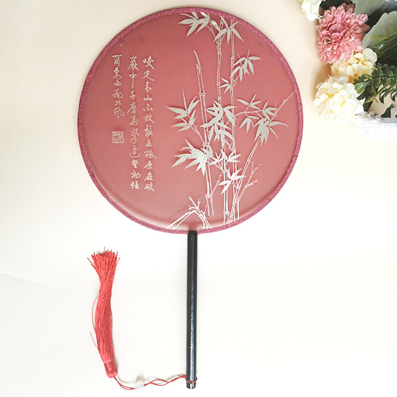 Веер "Танец вееров", шелковая ткань, круглый, женский, бордовый