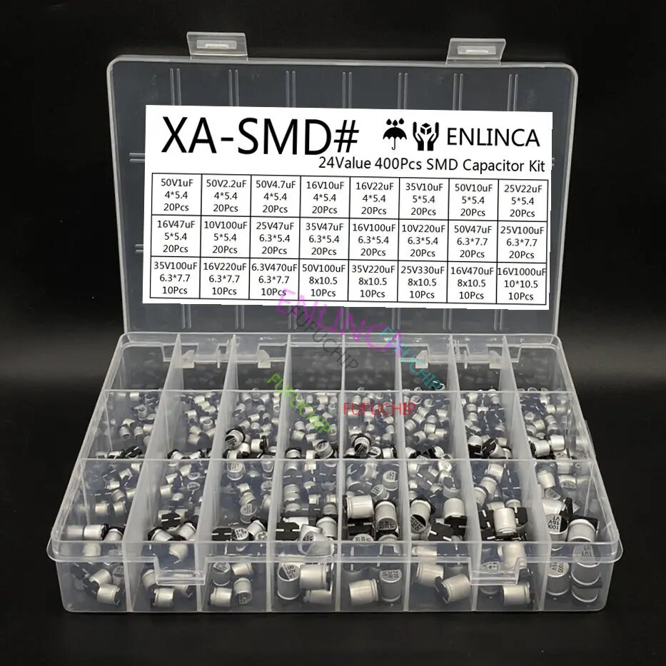 Набор алюминиевых электролитических конденсаторов SMD, 400 шт, 1 мкФ - 1000 мкФ