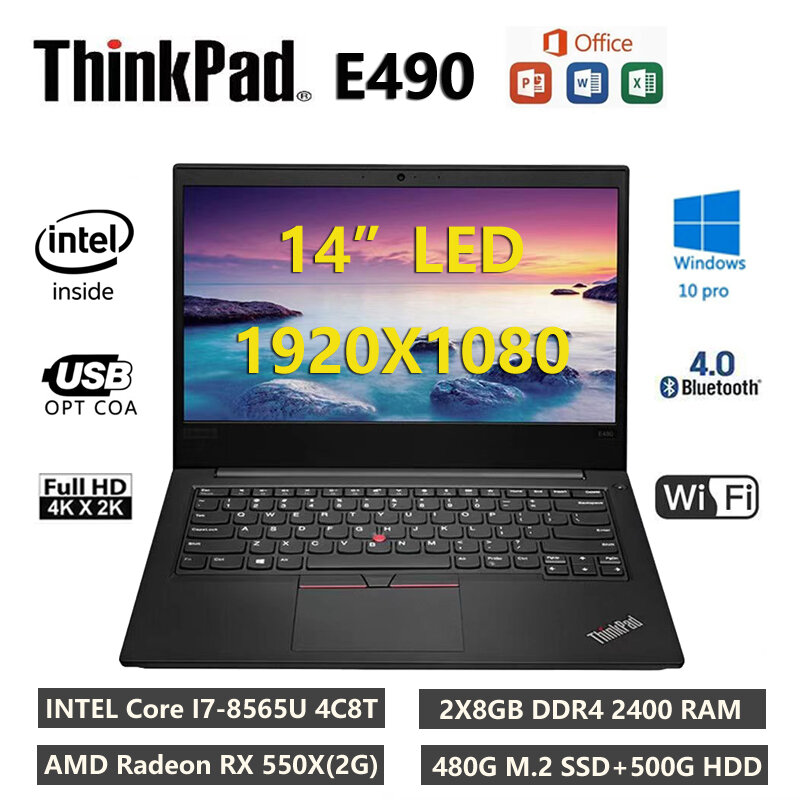 Подержанный ноутбук 14" LENOVO Thinkpad E490 ( Intel CORE i7-8565U CPU+2X8GB 2400 RAM+480G M.2 NVME SSD+500G HDD+Intel HD Graphics 620 OR AMD RX550 2G Видеокарта ; 1920X1080 IPS ) Win 10 pro