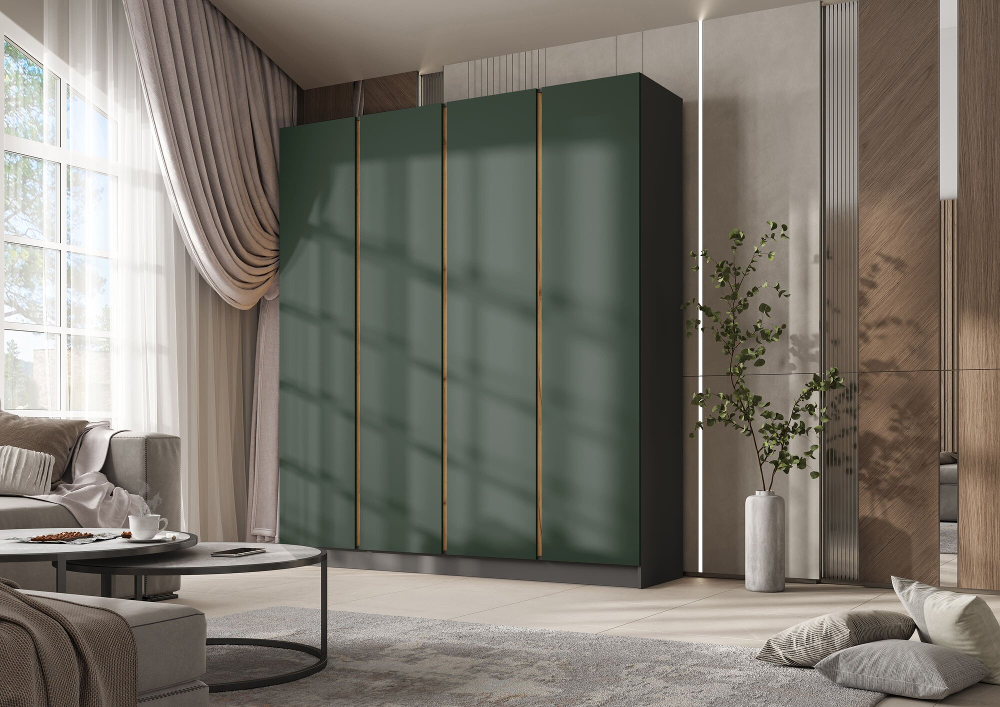 Шкаф 4-х створчатый с полками и штангой "Келвин" 2000 (Графит/Изумрудный)