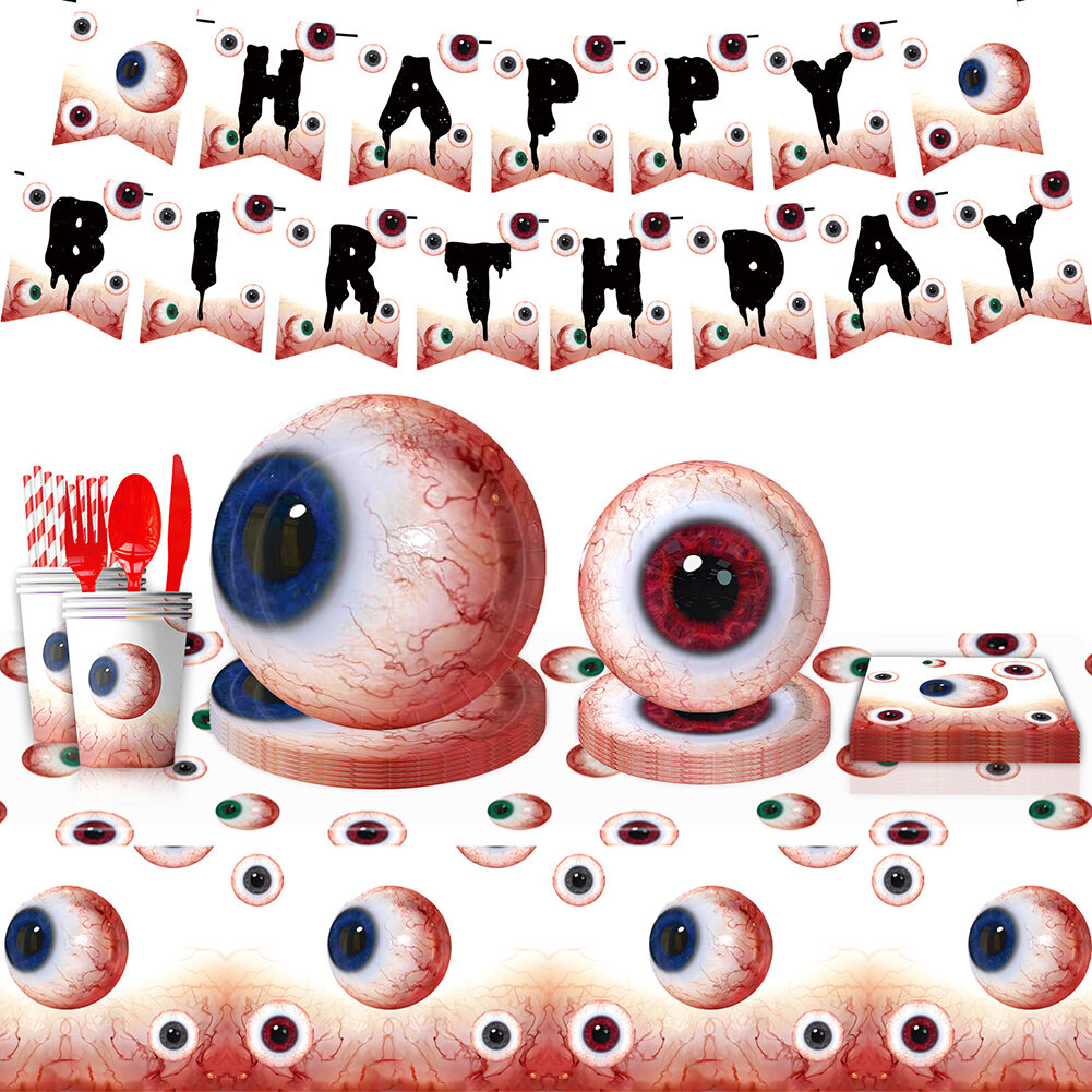 Комплект для вечеринки на Хэллоуин: тарелки, салфетки, баннер, скатерть с глазом, страшные одноразовые аксессуары