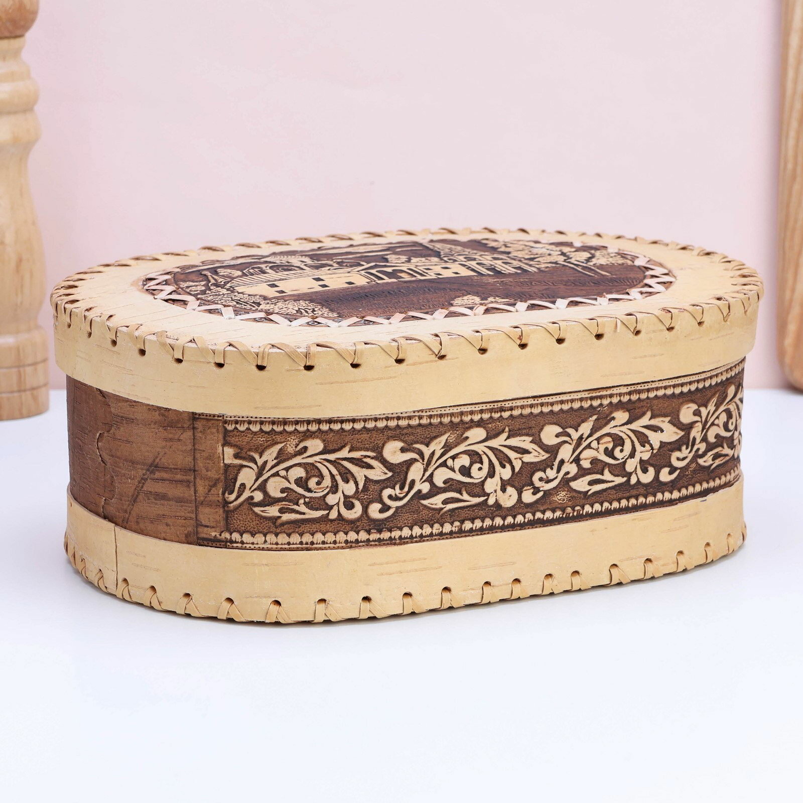 Хлебница-батонница с крышкой "Собор", 30x18x10 см, береста, цвет: бежевый