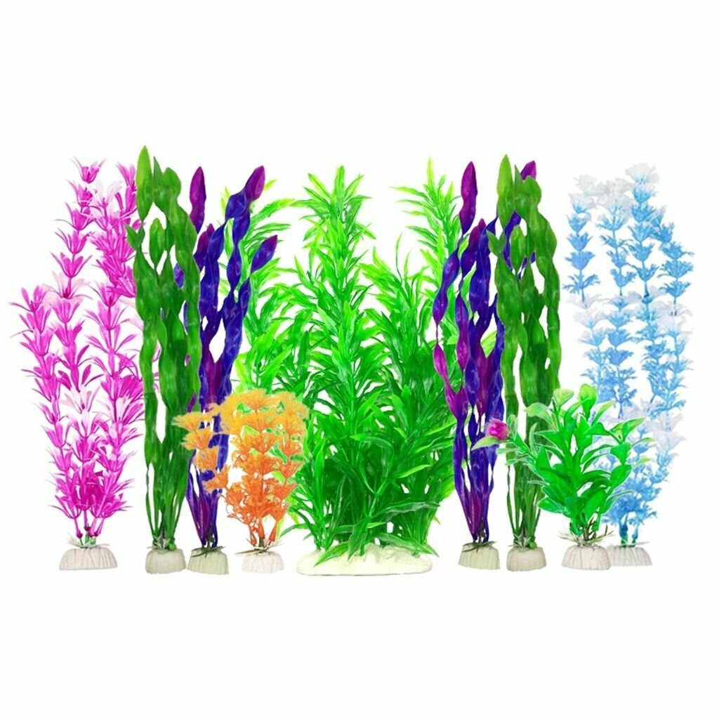 Декорация для аквариума, Искусственные водоросли для аквариума - набор из 9 штук бамбуковых листьев, 1 комплект.