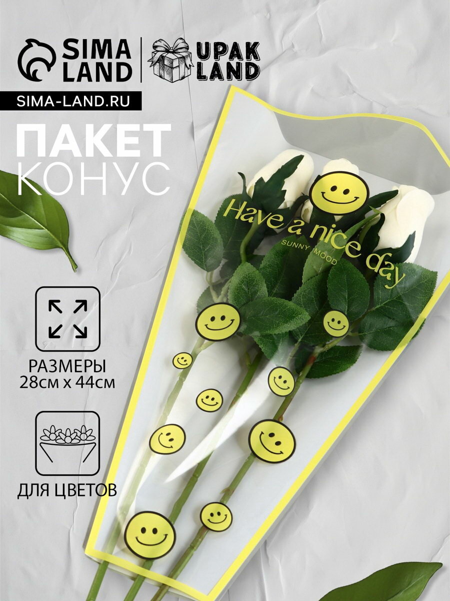 Пакет цветочный Конус, белый, 28x9x44 см+-1 см, вид: конусы, тематика праздника: 14 февраля, 50 шт.