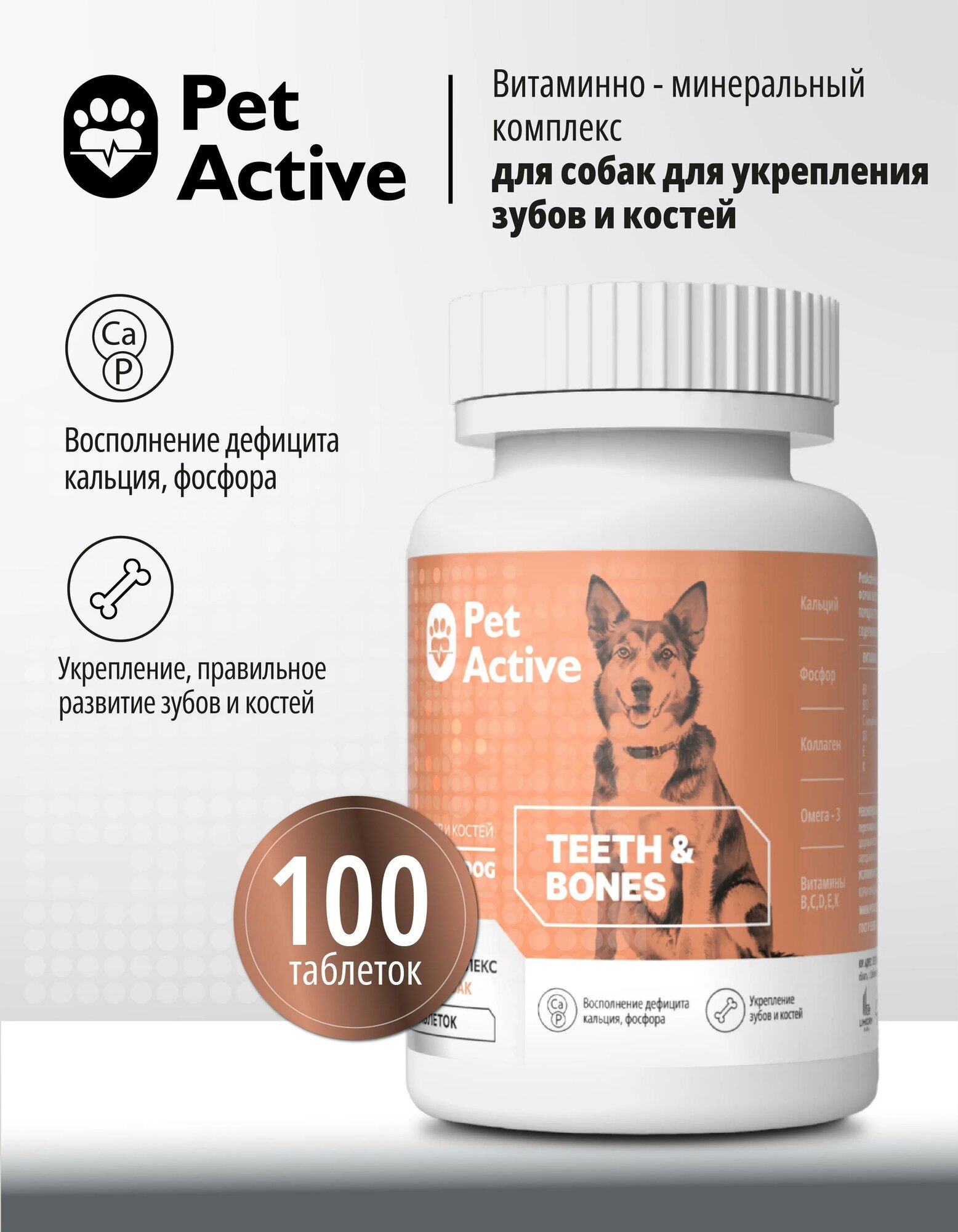 Витаминно-минеральный комплекс PetActive для собак, для укрепления зубов и костей, 100 таблеток, 80г.