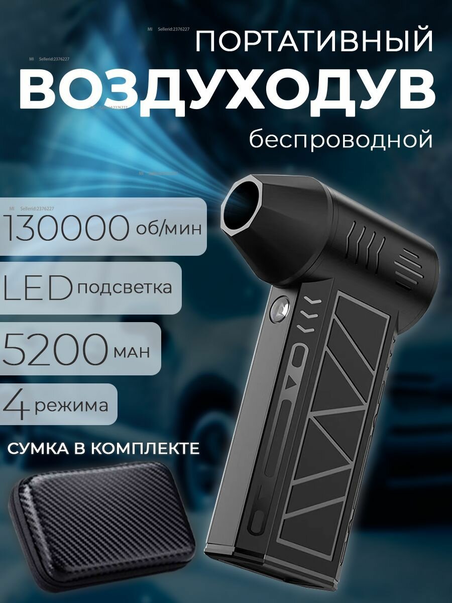 Воздуходувка портативная, ветродуйка аккумуляторная, турбовентилятор 130000, турбо вентилятор 5200 мАч, черное