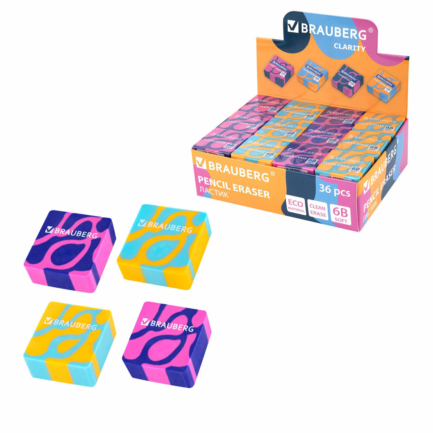 Ластик BRAUBERG "CLARITY", 34х34х14 мм, квадратный, экологичный ПВХ, ассорти, 272732 (упаковка 36 шт.)