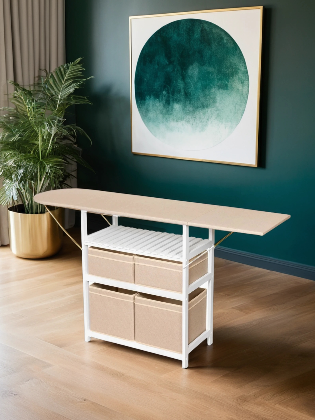 Гладильный комод K-home макси, со складными коробами, массив бука, цвет Белый, ткань Беж однотонная