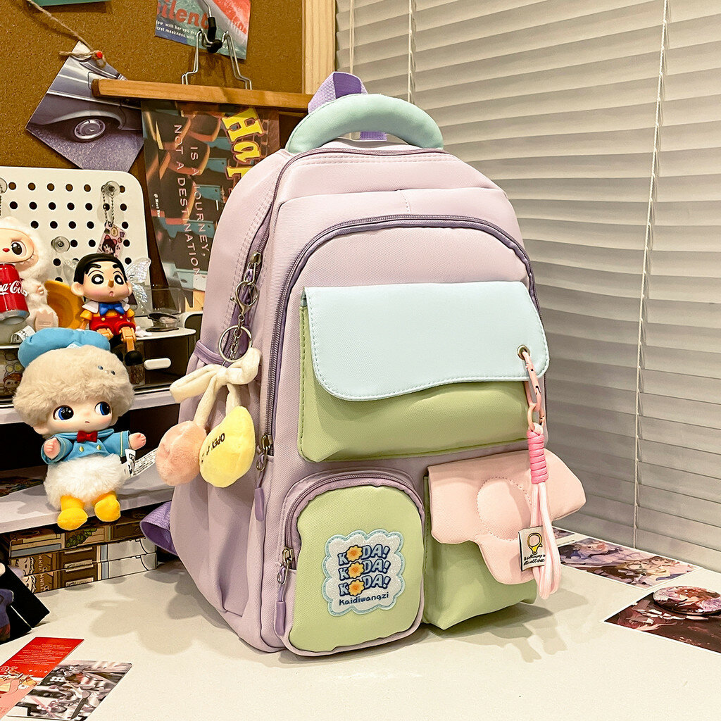 Backpack fresh style girls with antiload system and cartoon letter print design for school and daily activities taro purple
