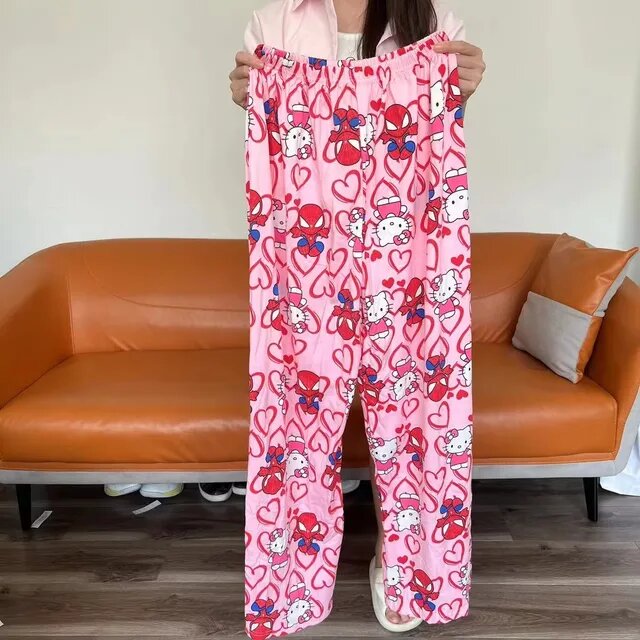 Пижама Sanrio Hello Kitty 2024 года, фланелевые модные женские брюки на Хэллоуин, шерстяные, кавайные, с рисунком аниме, повседневные, домашние брюки, осень, Size: M (55kg-65kg)