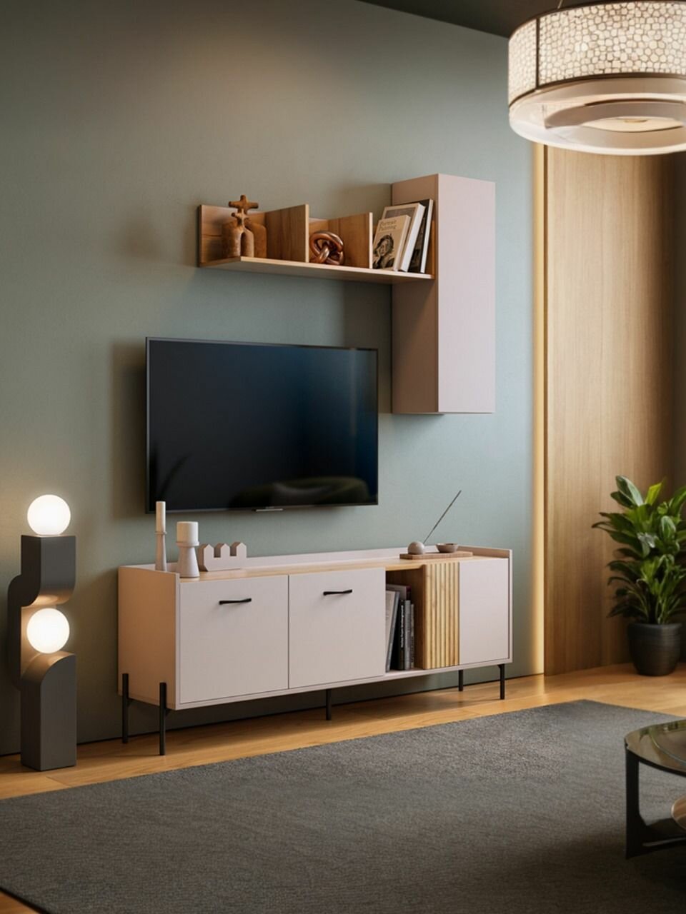 Стенка в гостиную, гостиная Dominika K1, Кашемир/дуб крафт золотой, 1572х350х2060 мм (ШхГхВ)