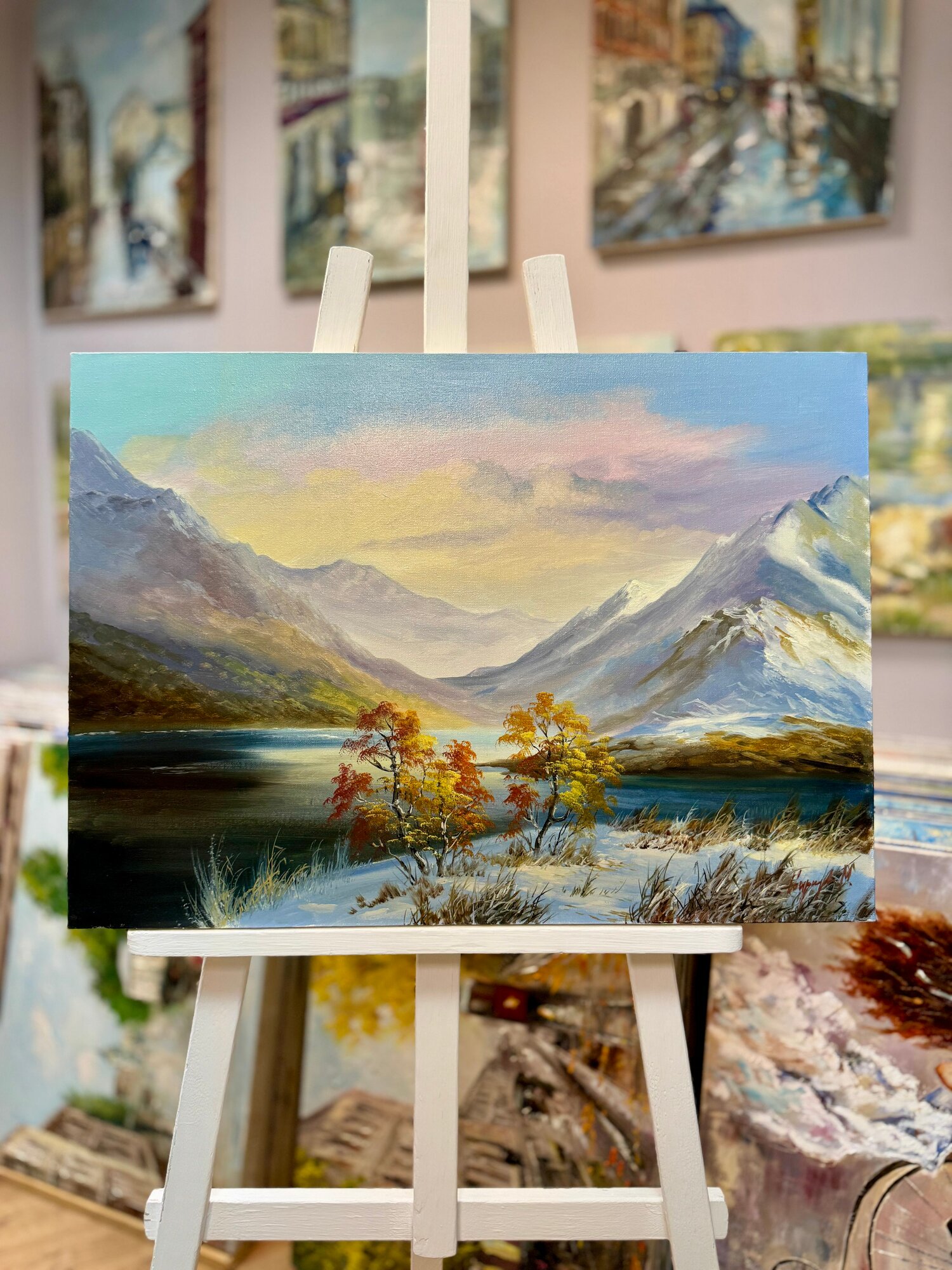 Картина маслом Зимний горный пейзаж, горы река 50х70 см. Художественная мастерская Грёзы. 50х70 см.