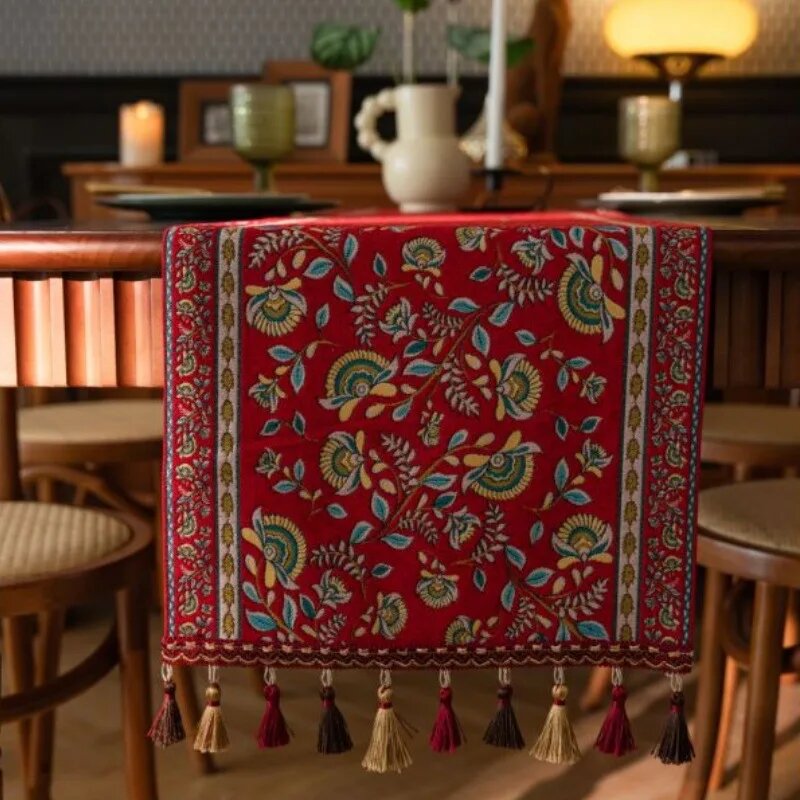 Дорожка для стола из полиэстера, ретро, с кисточками, 35x260CM, Бордовый