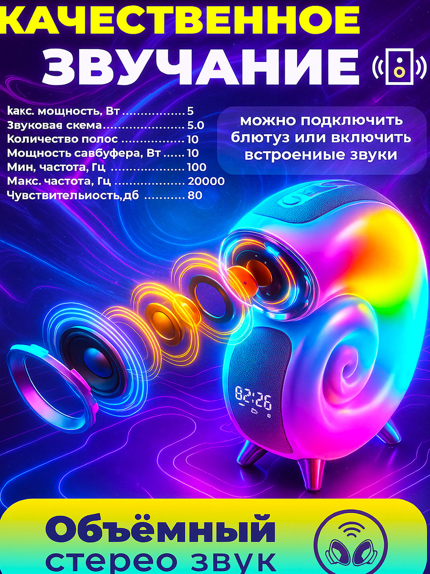 Колонка блютуз беспроводная | Портативная колонка с хорошим звуком | Совместимая с ПК и Алисой | Будильник и часы