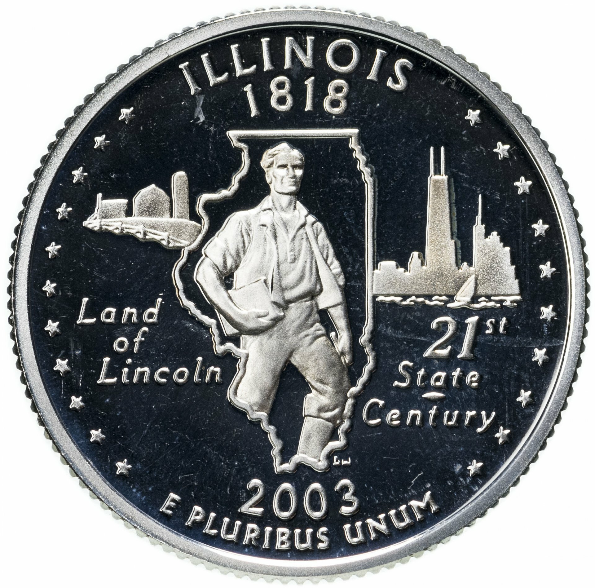 США 25 центов квотер, 1/4 доллара, quarter dollar 2003 S PROOF "Квотер штата Иллинойс", знак монетного двора: "S" - Сан-Франциско, Мельхиор медь-никель 900