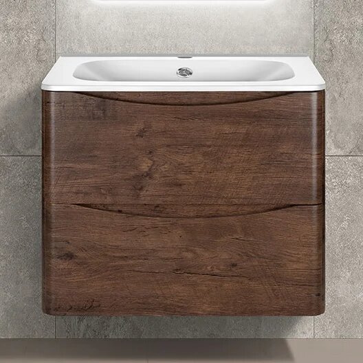 Тумба с раковиной Vincea Paola 60 подвесная, 59, 4 см, темное дерево, матовая, из МДФ, с ящиками, раковина для ванной, из искусственного камня, прямоугольная, встроенный слив-перелив