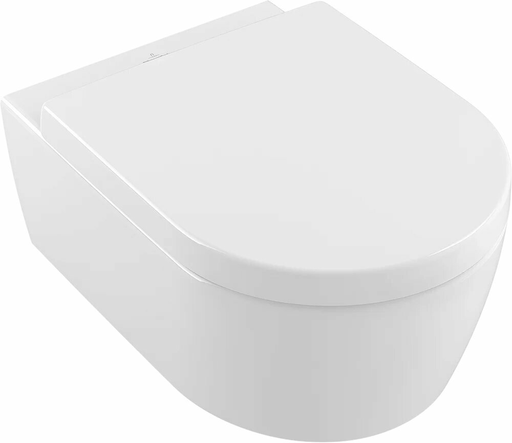 Унитаз подвесной Villeroy & Boch Avento 5656HR01 с микролифтом, безободковый, без бачка, антивсплеск, фарфоровый, белый, глянцевый, овальный, сиденье для унитаза в комплекте