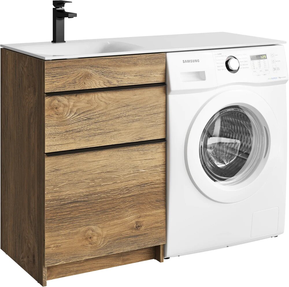 Тумба с раковиной Aqwella Terra 53 L под стиральную машину, напольная, 115 см, светлое дерево, матовая, из ЛДСП, с ящиками, раковина для ванной из искусственного мрамора, прямоугольная, лофт