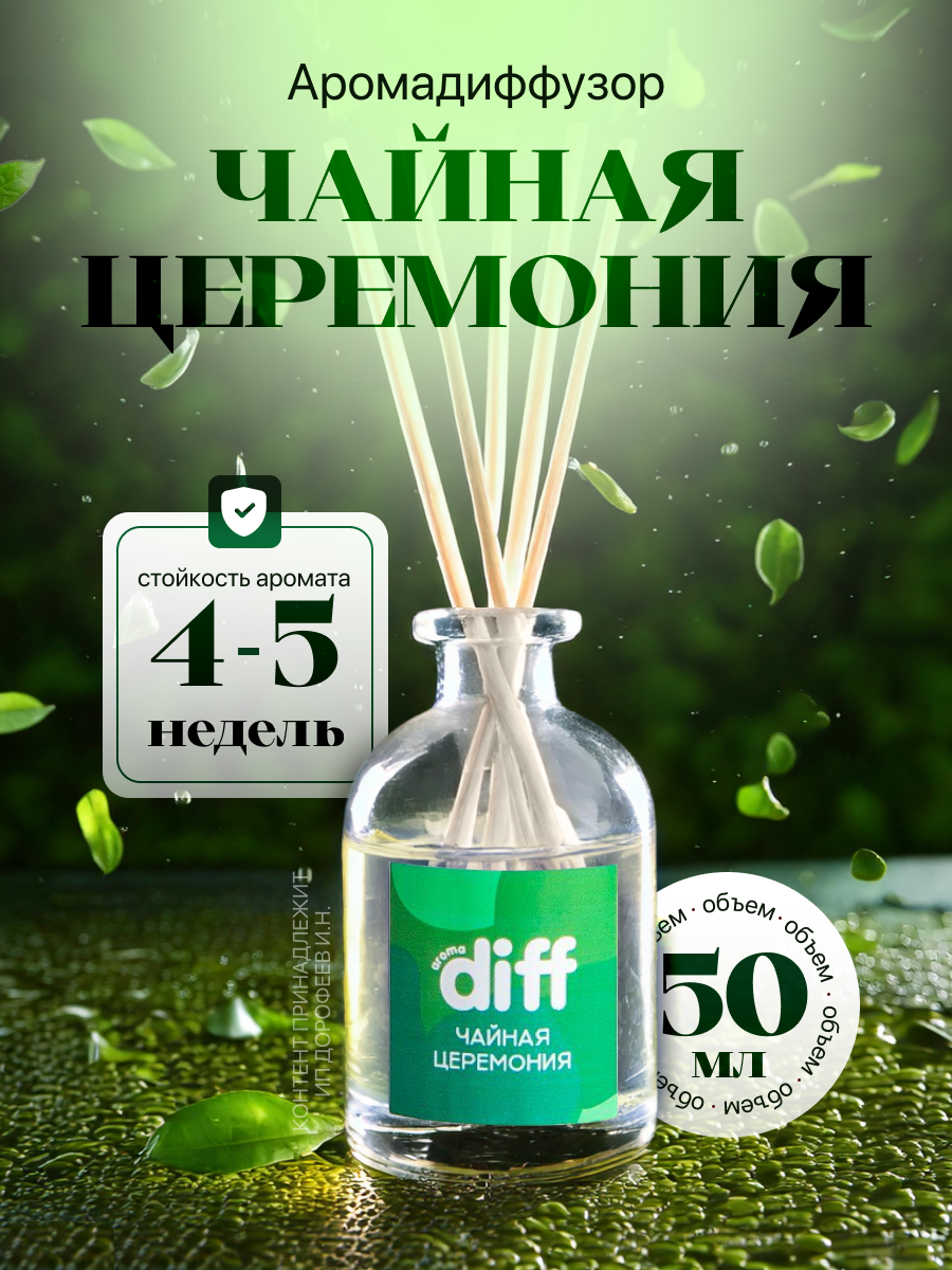 Диффузор для дома, ароматизатор с палочками DIFF с ароматом Чайная церемония, 50 мл