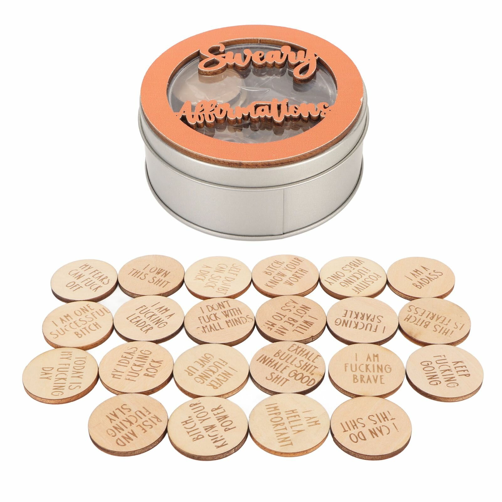 22 мини-диска с аффирмациями: деревянные, с юмором, для эмоций, оранжевые