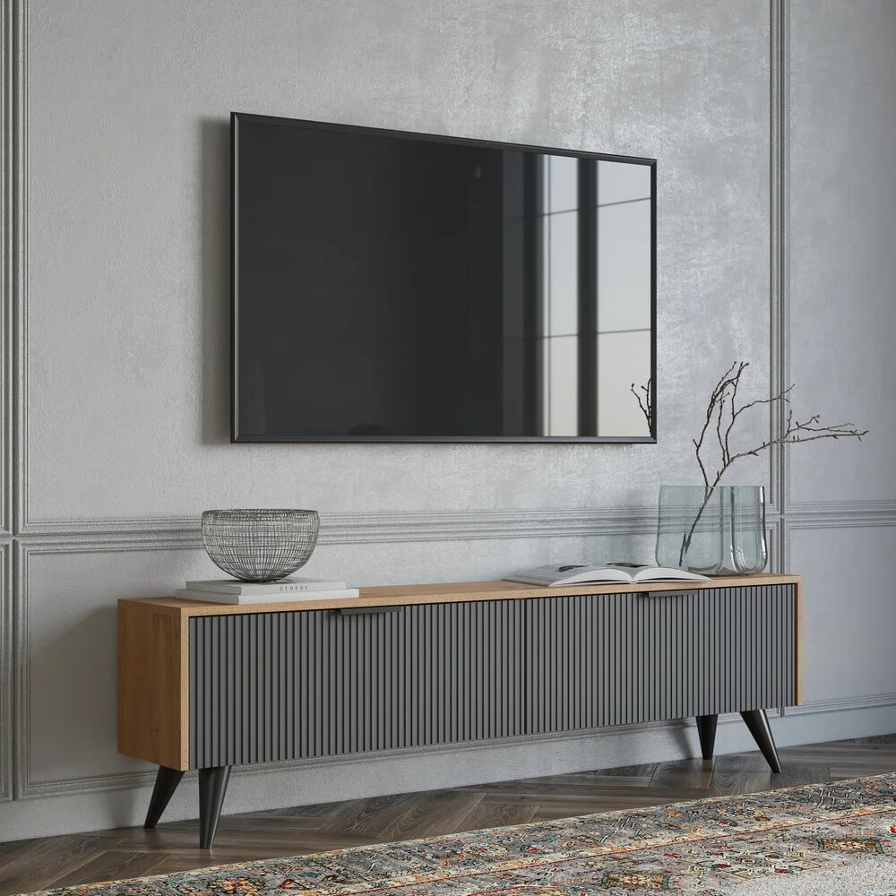 Тумба для ТВ напольная DIWO Краснодар на конусных опорах 160x45x27 см, корпус дуб вотан, фасад мдф антрацит, черный