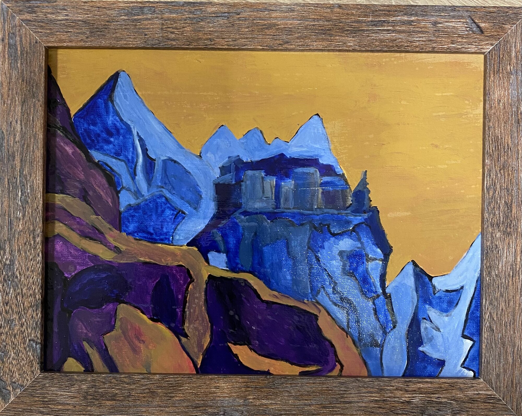 Картина в раме. Монастырь в горах. По мотивам Рериха. 15/20. х. темпера. Художник Миляева НН.